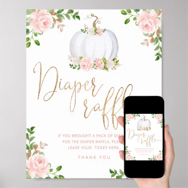 Fall floral white gold pumpkin diaper raffle sign | Zazzle
