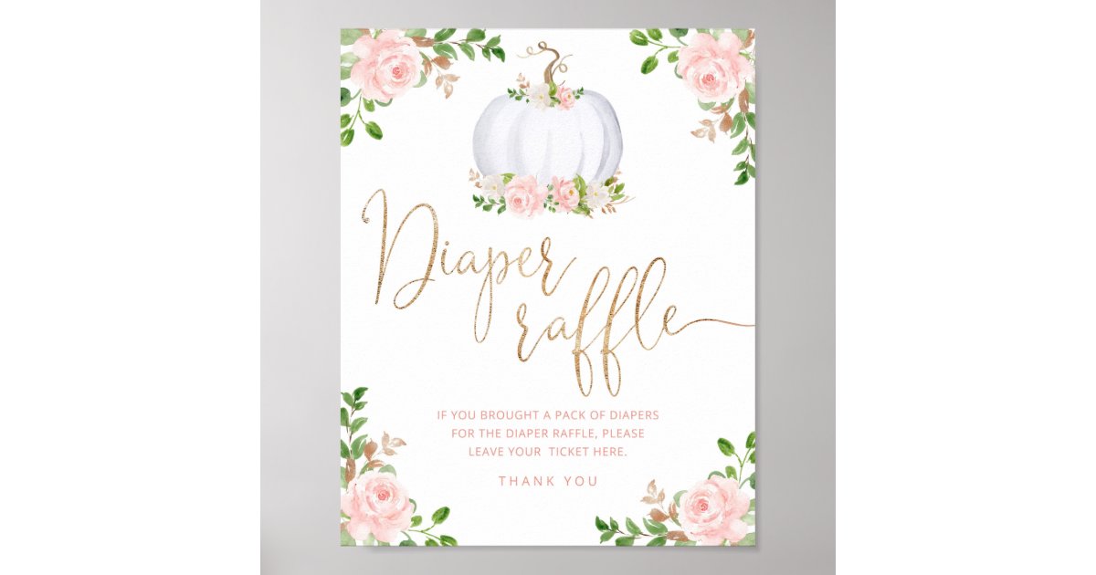 Fall floral white gold pumpkin diaper raffle sign | Zazzle