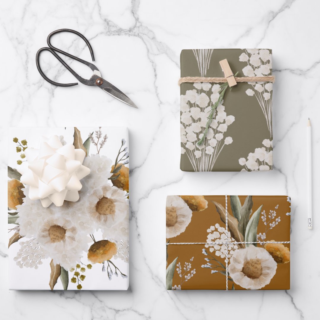 Fall Floral Wrapping Paper Flat Sheet Set of 3 | Zazzle