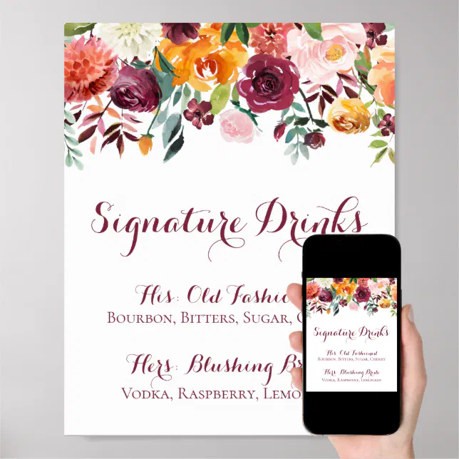 Fall Flower Signature Drinks Sign, Orange Pink Poster | Zazzle