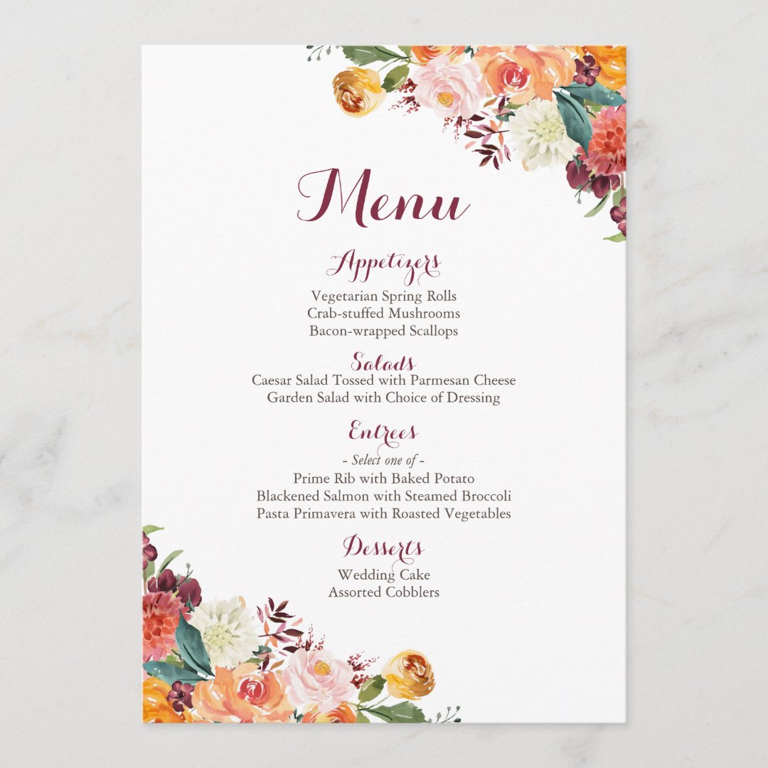 Fall Flower Wedding Menu Cards, Orange Maroon | Zazzle