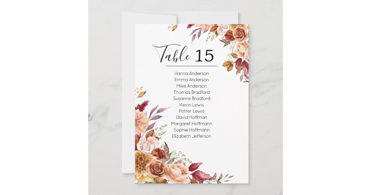 Fall Flowers Pumpkins Table Card Seating Chart | Zazzle
