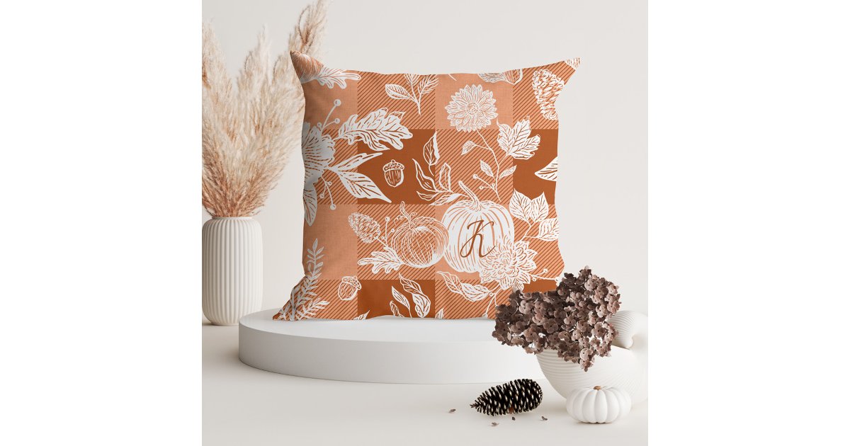 Fall Foliage Autumn Flowers & Pumpkin Orange Plaid Throw Pillow | Zazzle