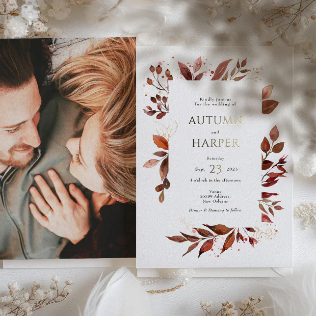Fall Foliage 'Falling in Love' Photo Wedding Foil Invitation | Zazzle