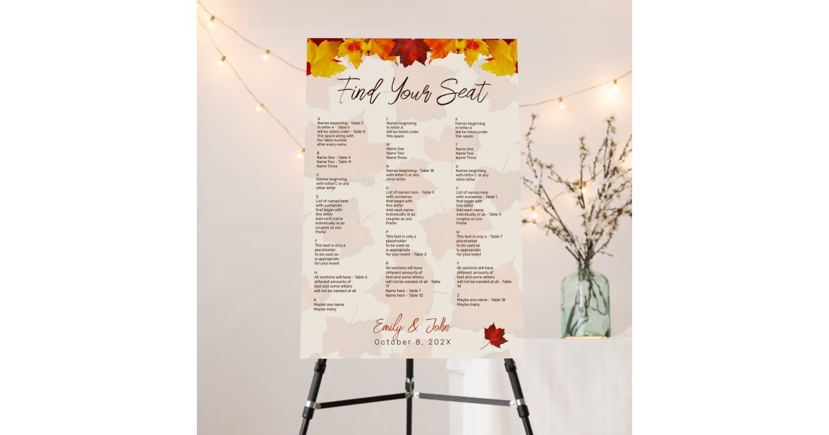 Fall Foliage Wedding Alphabetical Seating Chart Foam Board | Zazzle