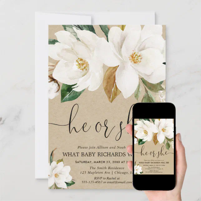 Fall gender reveal, rustic kraft white floral invitation | Zazzle