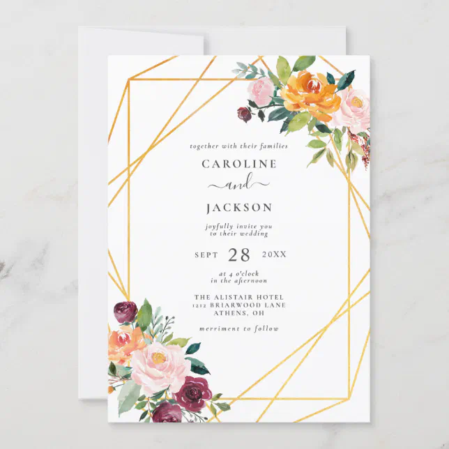 Fall Geometric Floral Autumn Wedding Invitation | Zazzle