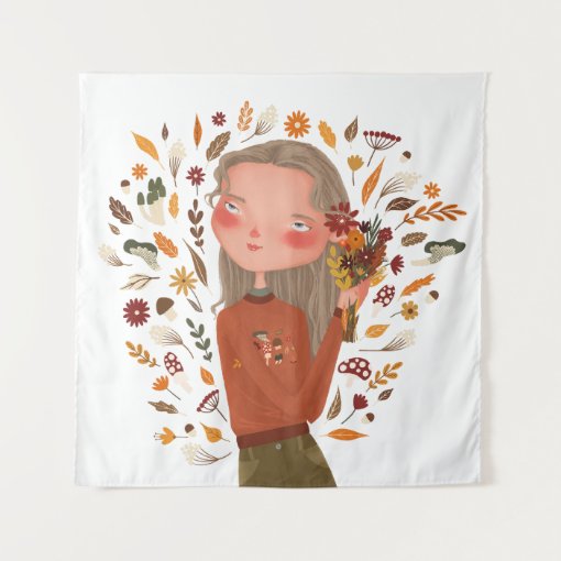 Fall Girl Autumn Flowers and Leaves Drawing Tapestry | Zazzle