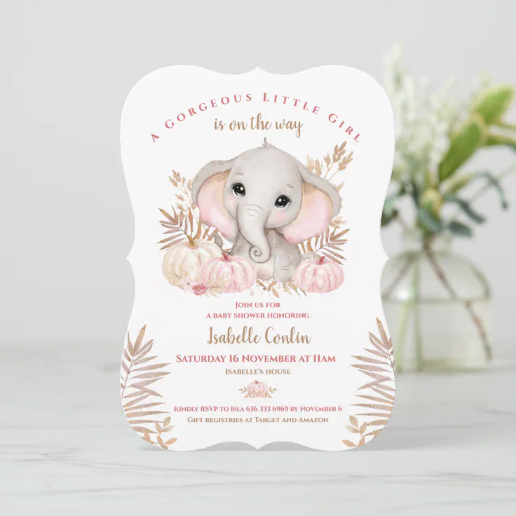 Fall Girl Elephant Baby Shower Invitation | Zazzle