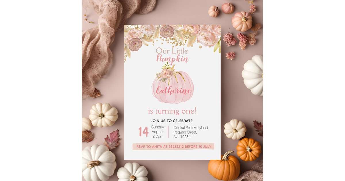 Fall Girl Gold Pumpkin 1st Birthday Invitation | Zazzle