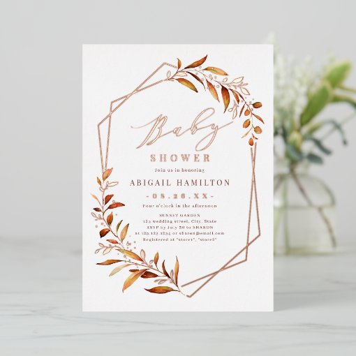 Fall Greenery Geometric Rustic Baby Shower Foil Invitation | Zazzle