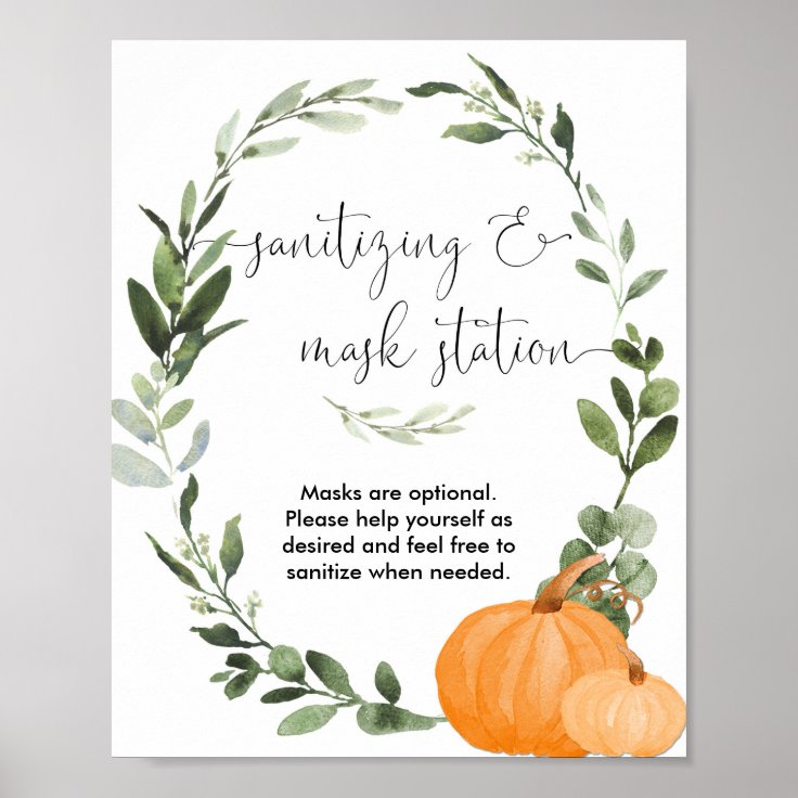 Fall greenery pumpkin sanitizing mask station sign | Zazzle