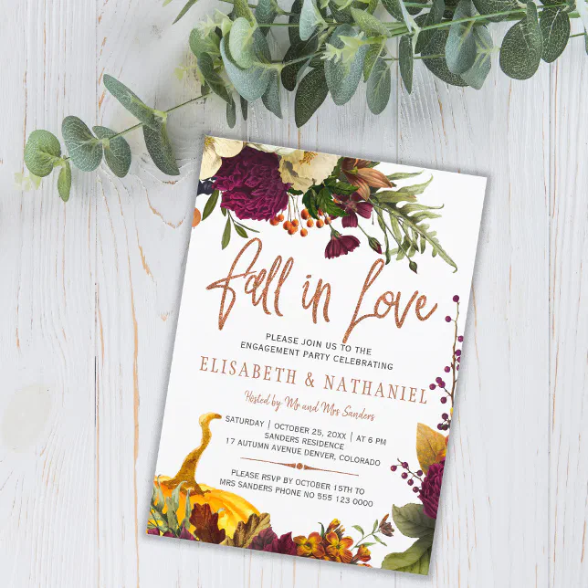 Fall in Love autumn fall modern engagement party Invitation | Zazzle