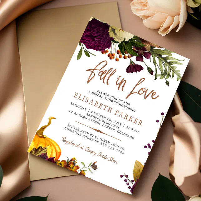 Fall in Love autumn floral chic bridal shower Invitation | Zazzle