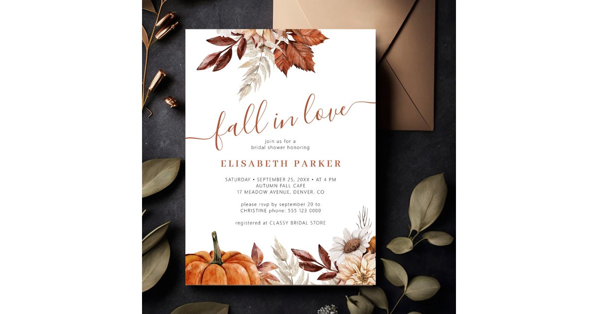 Fall in love autumn floral pumpkin bridal shower invitation | Zazzle