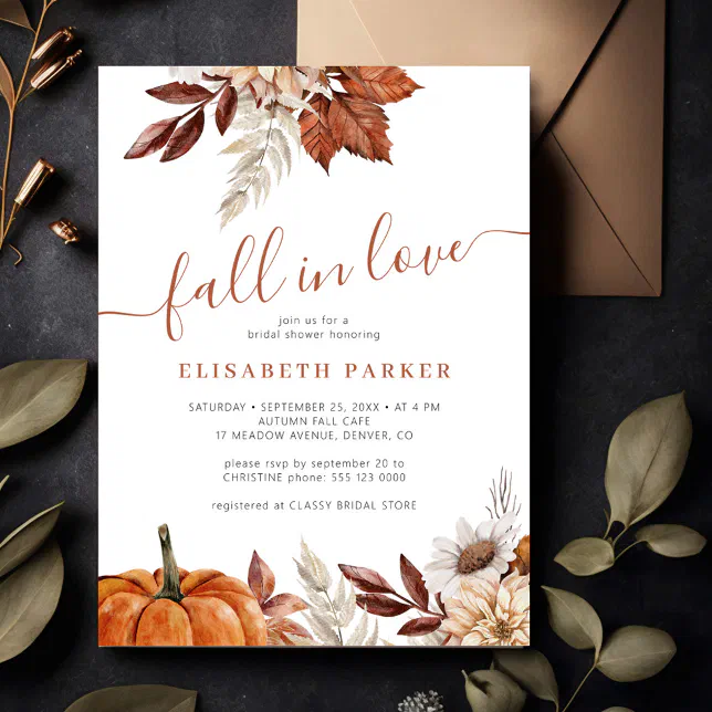 Fall in love autumn floral pumpkin bridal shower invitation | Zazzle