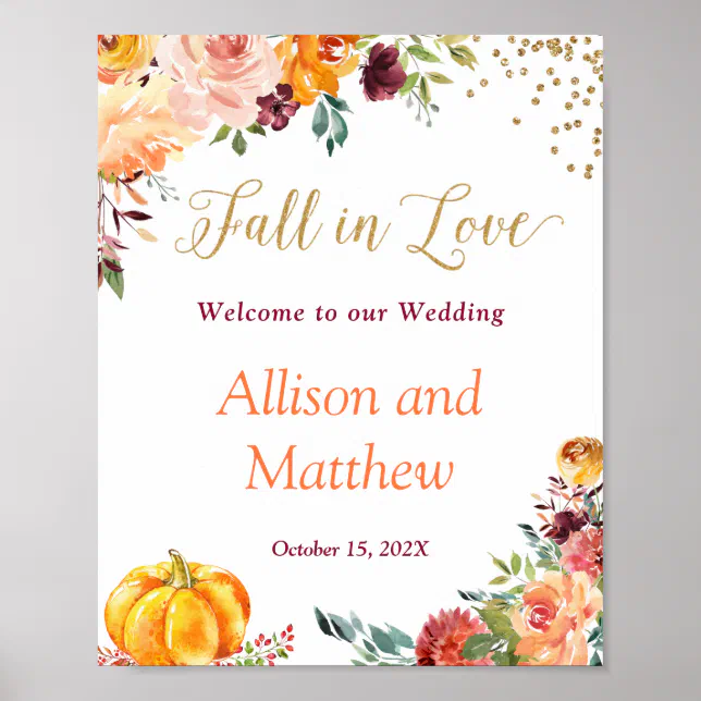 Fall in Love Autumn Floral Pumpkin Wedding Sign | Zazzle