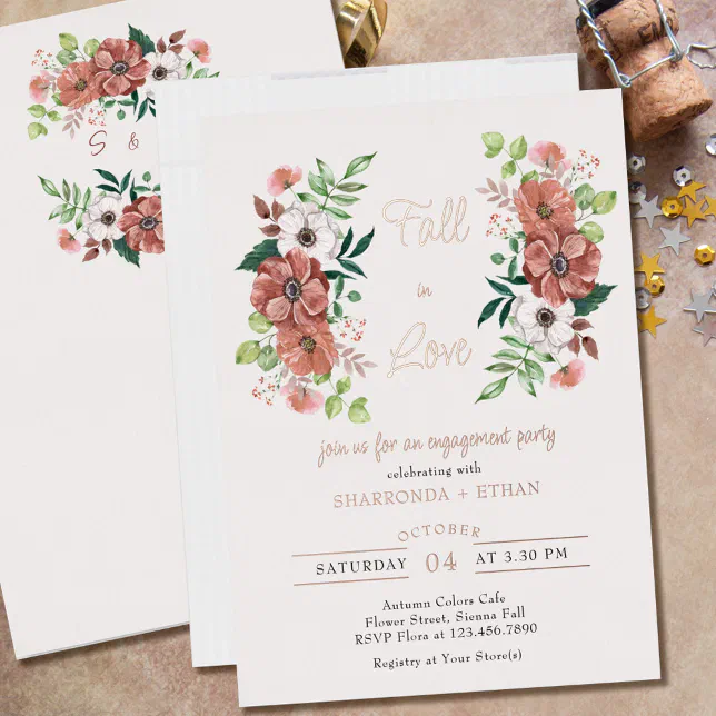Fall in Love Autumn Flowers Engagement Party Foil Invitation | Zazzle