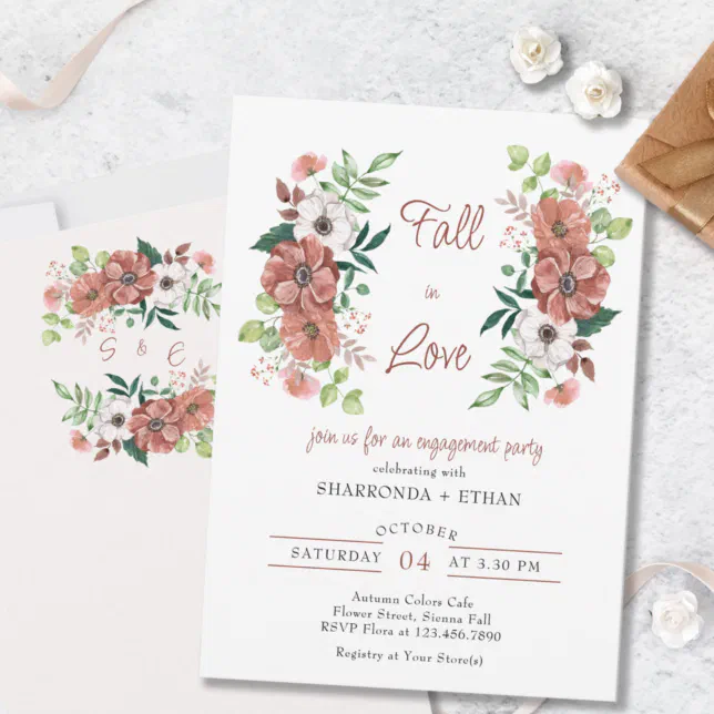 Fall in Love Autumn Flowers Engagement Party Invitation | Zazzle
