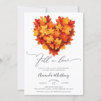 Fall In Love Autumn Leaf Heart Anniversary Invitation | Zazzle