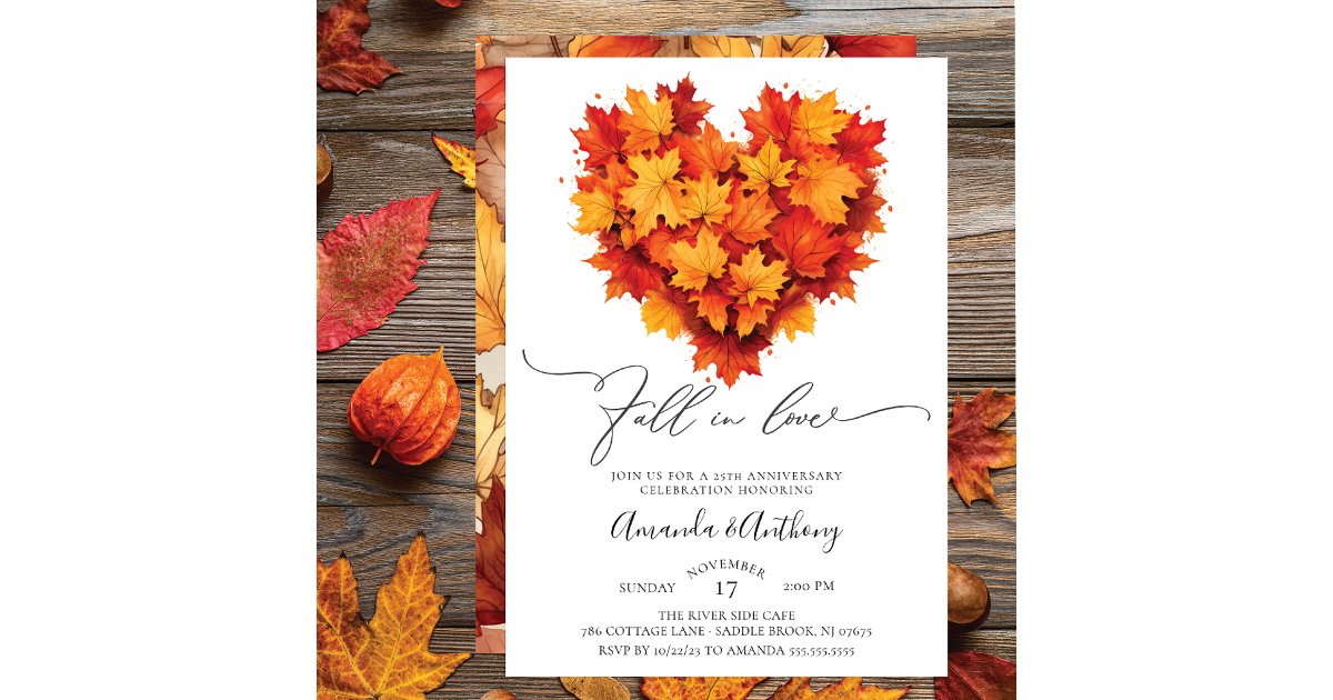 Fall In Love Autumn Leaf Heart Anniversary Invitation | Zazzle