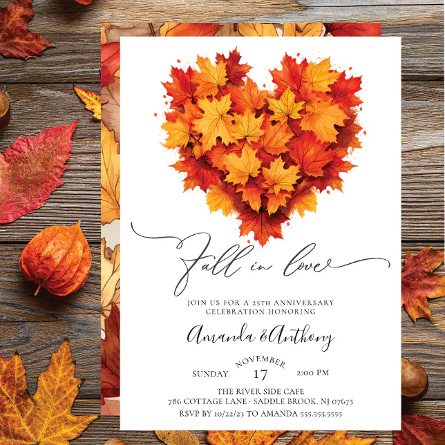 Fall In Love Autumn Leaf Heart Anniversary Invitation | Zazzle