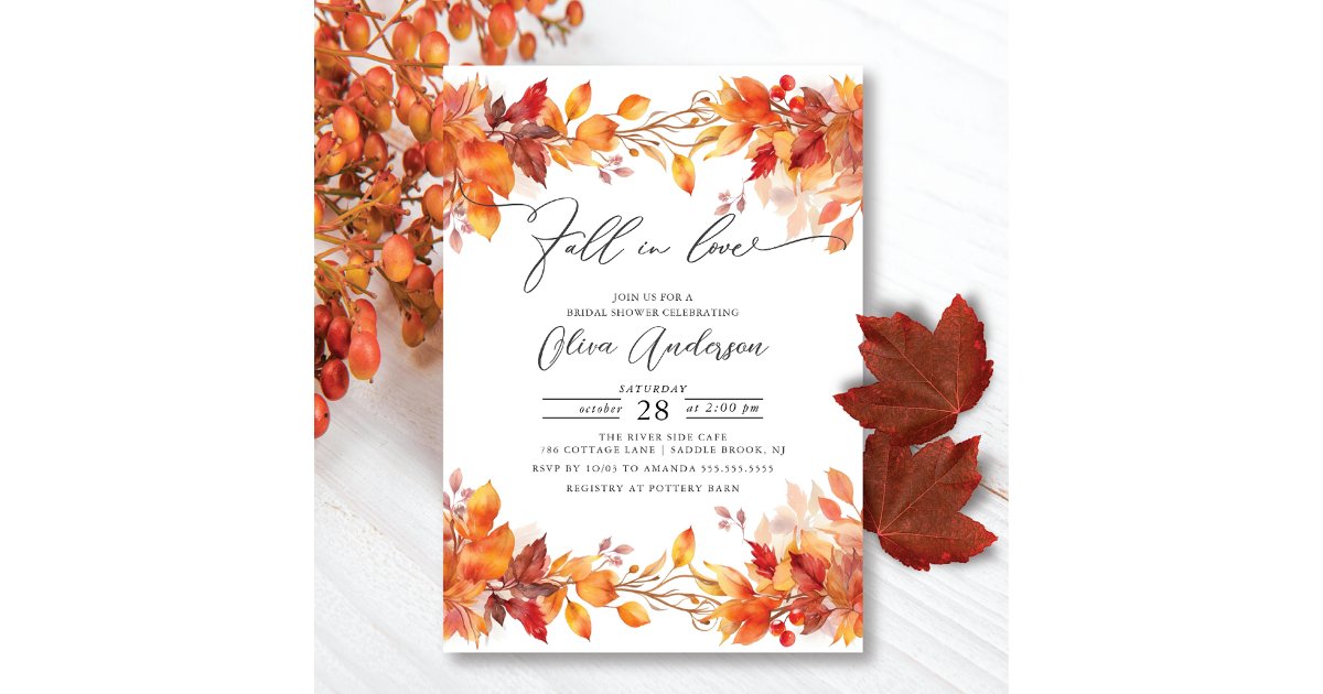 Fall In Love Autumn Leaves Bridal Shower Invitation | Zazzle
