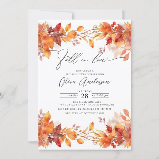 Fall In Love Autumn Leaves Bridal Shower Invitation | Zazzle