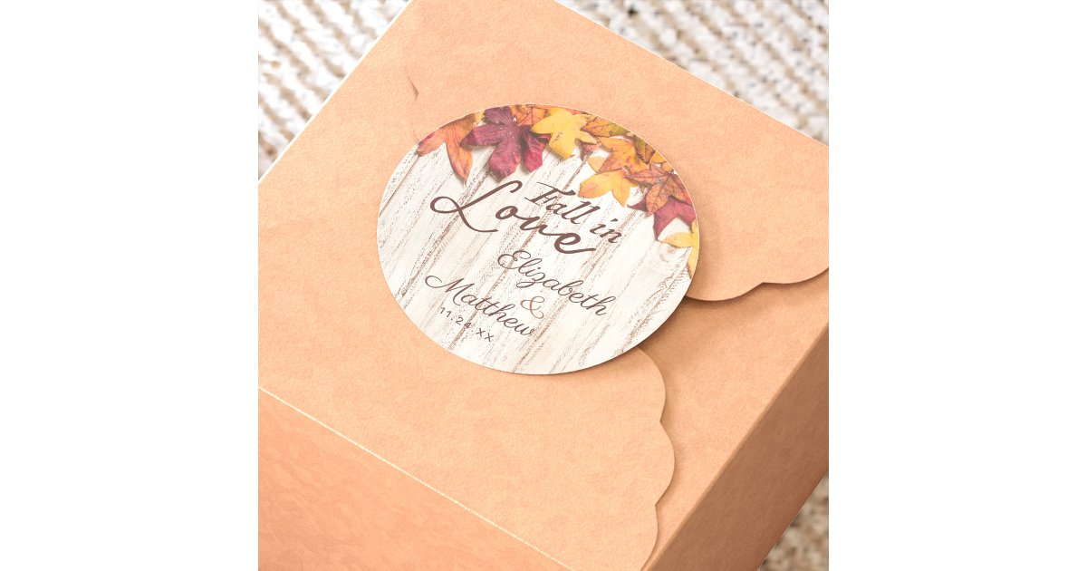 Fall in Love Autumn Leaves Rustic Wood Wedding Classic Round Sticker ...