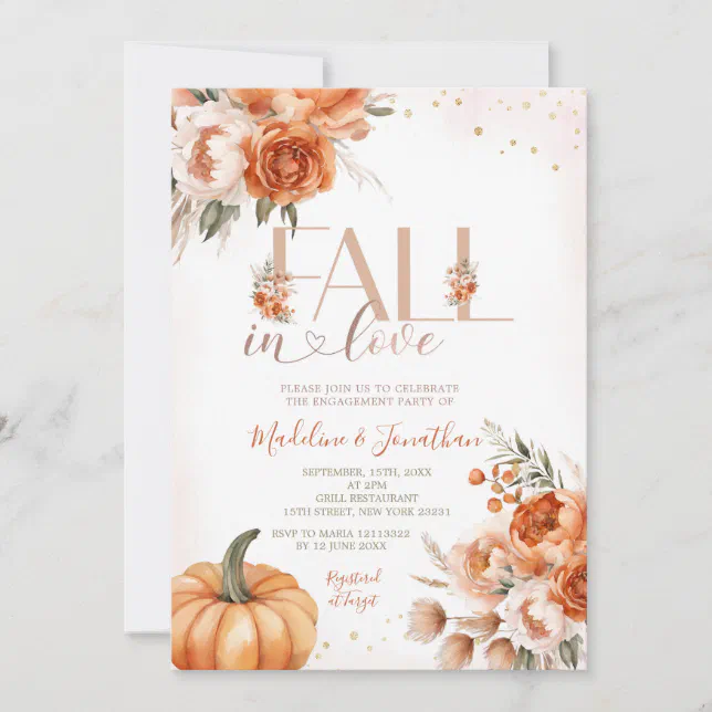 Fall In Love Autumn Orange Floral Engagement Party Invitation | Zazzle