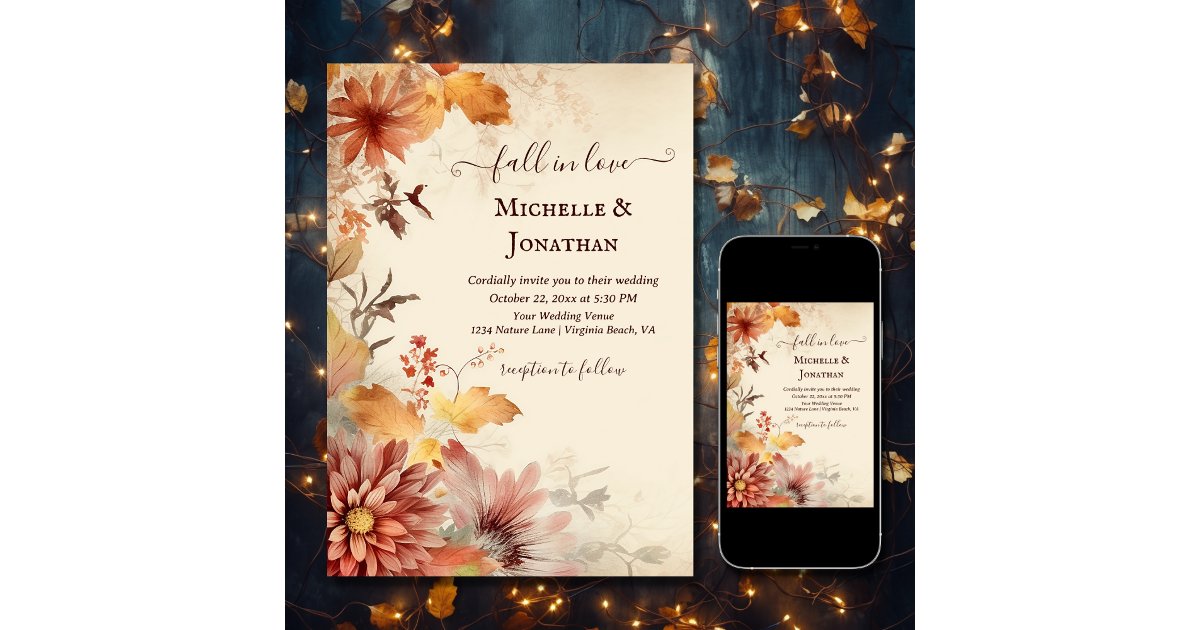 Fall in Love Beautiful Autumn Flowers Fall Wedding Invitation | Zazzle