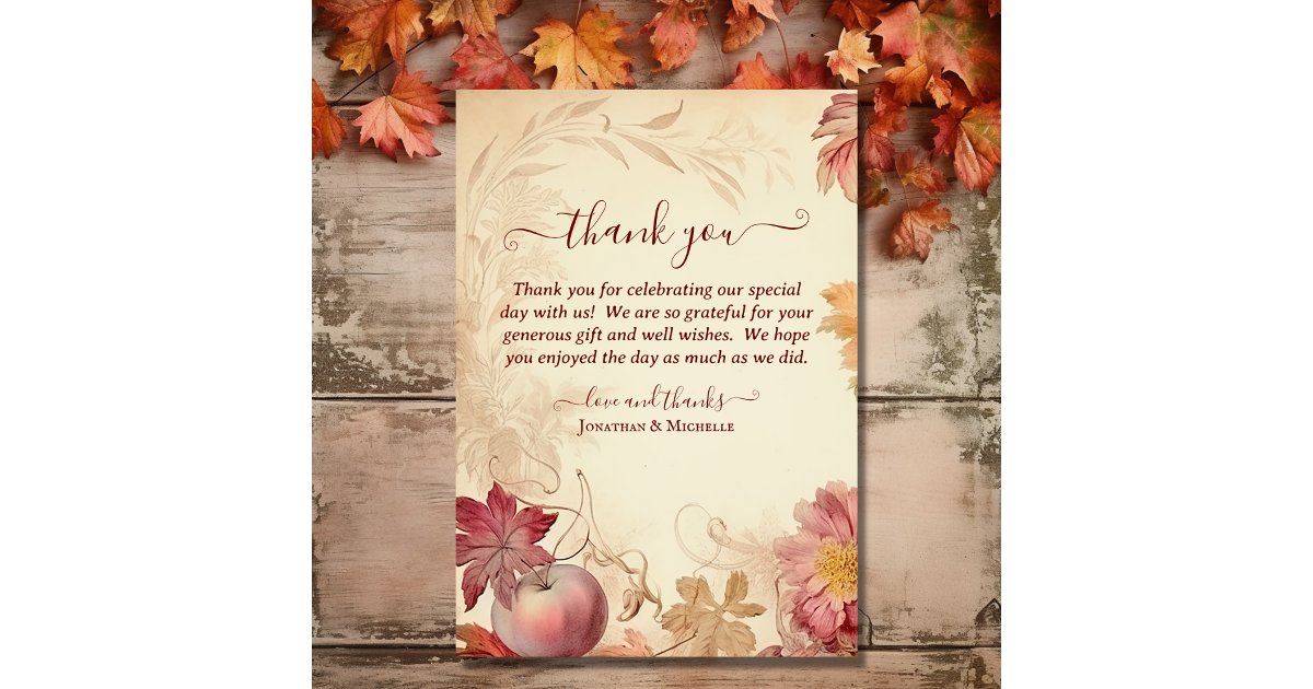 Fall in Love Beautiful Autumn Vintage Fall Wedding Thank You Card | Zazzle