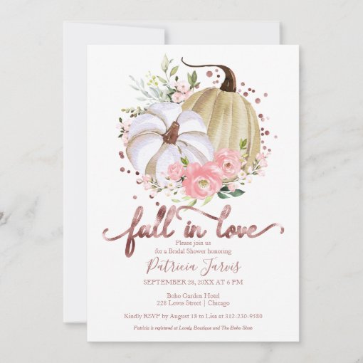 Fall In Love Bridal Shower Pumpkin Floral Invitation | Zazzle