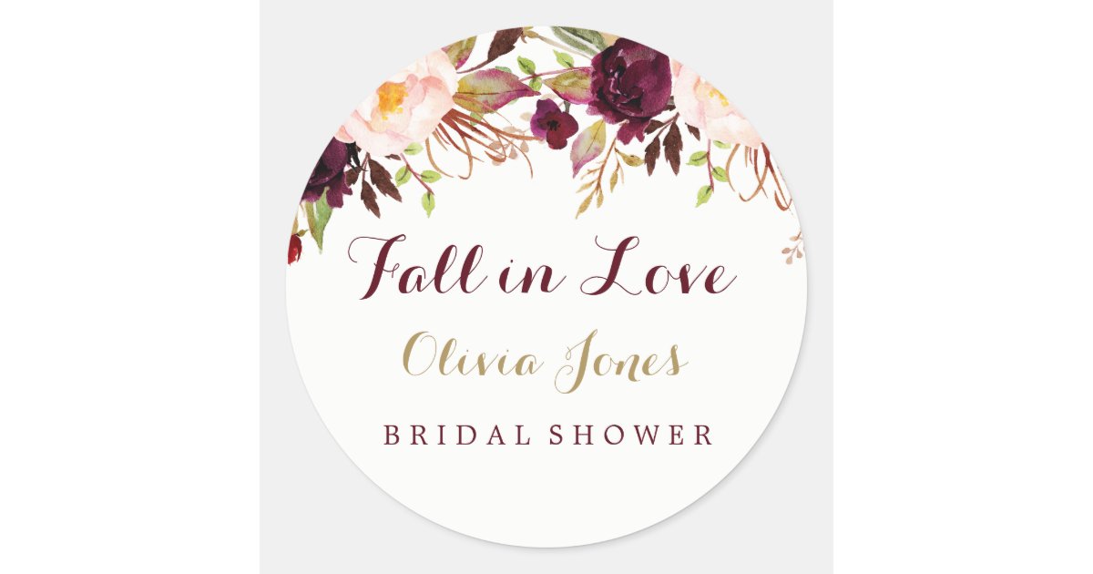Fall in Love Burgundy Floral Bridal Shower Sticker | Zazzle