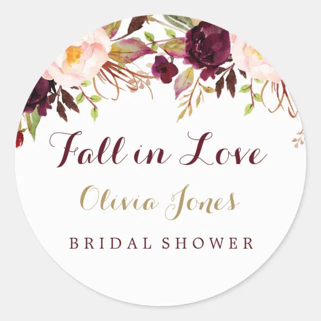 Fall in Love Burgundy Floral Bridal Shower Sticker | Zazzle
