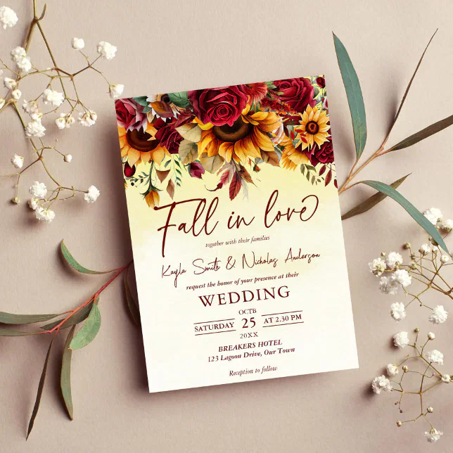 Fall in love burgundy roses sunflowers wedding invitation | Zazzle