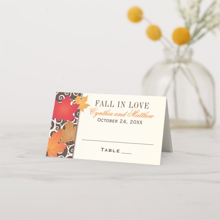 Fall in Love Elegant Autumn Leaves Wedding Place Card | Zazzle.com
