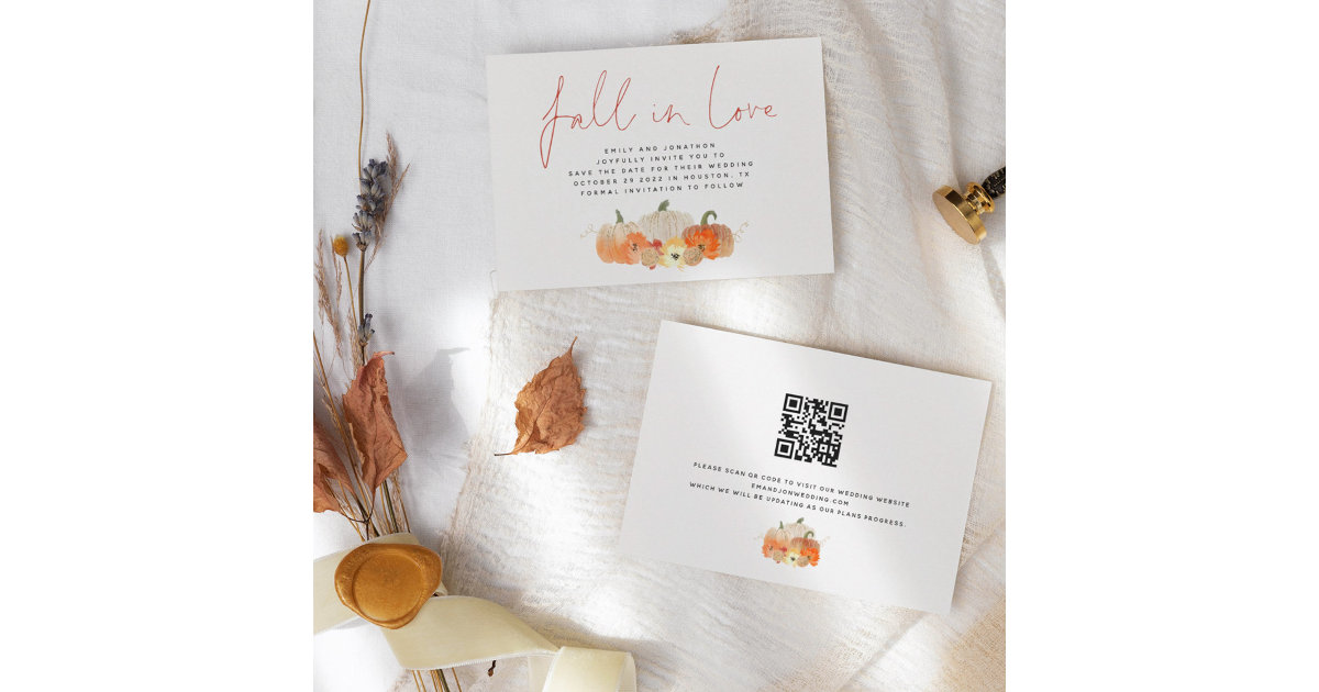 Fall in Love Glittery Pumpkins QR Code Wedding Save The Date | Zazzle