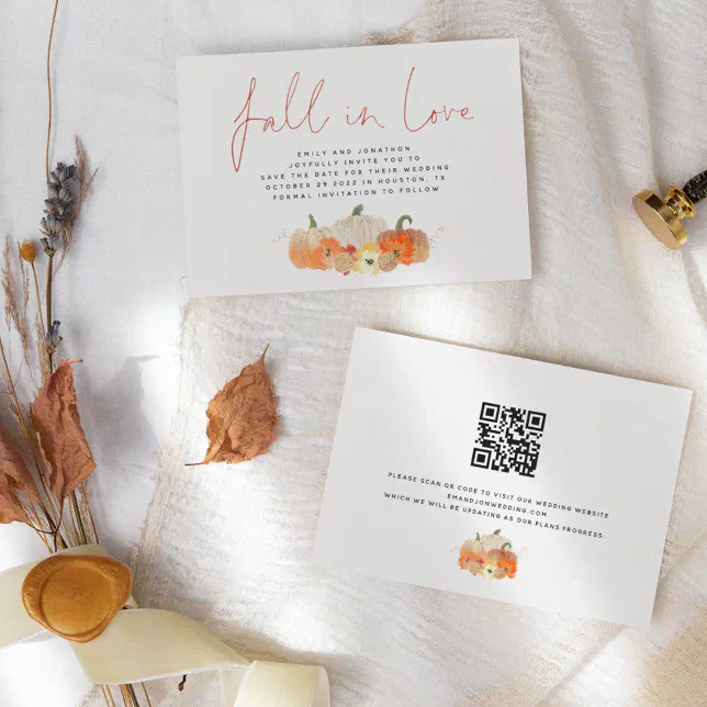 Fall in Love Glittery Pumpkins QR Code Wedding Save The Date | Zazzle