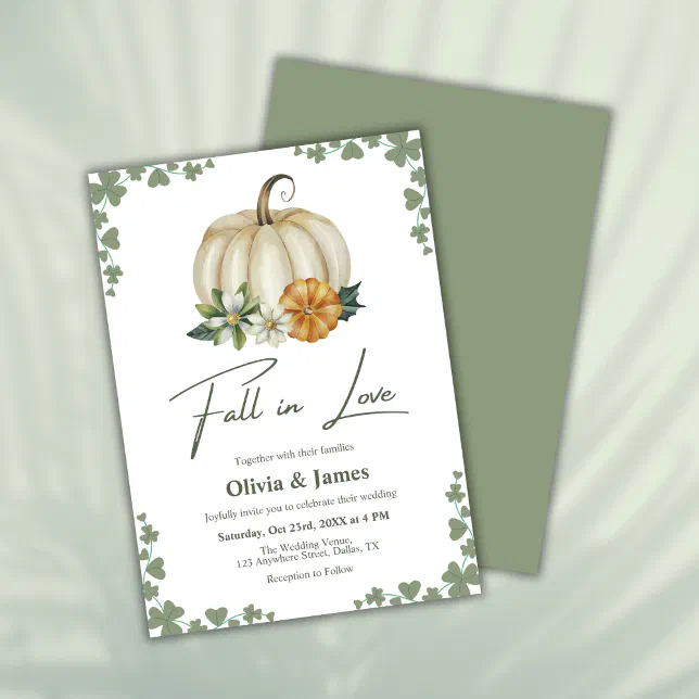 Fall in Love Greenery Sage Green Pumpkin Wedding Invitation | Zazzle