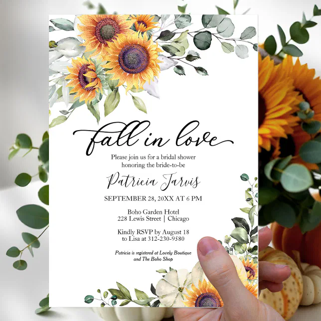 Fall In Love Greenery Sunflowers Bridal Shower Invitation | Zazzle