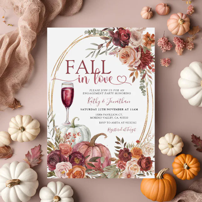 Fall In Love Marsala Floral Fall Engagement Party Invitation | Zazzle