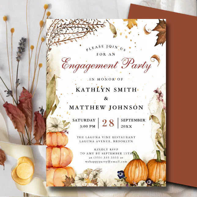 Fall In Love Pumpkin Autumn Engagement Party Invitation | Zazzle