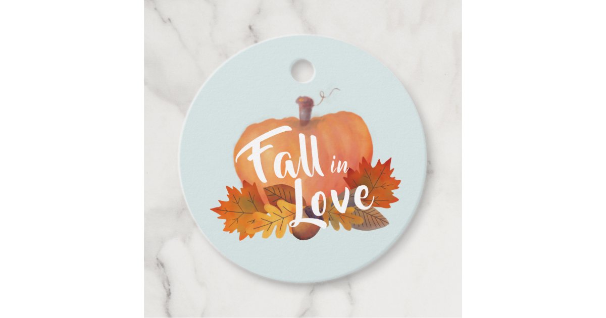 Fall in Love Pumpkin Autumn Leaves Blue Thank You Favor Tags | Zazzle