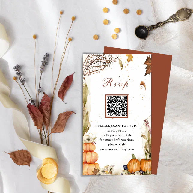 Fall In Love Pumpkin Autumn Wedding QR Code RSVP Enclosure Card | Zazzle