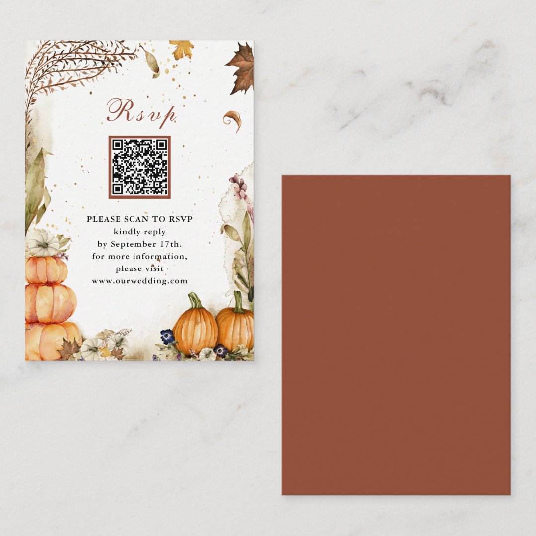 Fall In Love Pumpkin Autumn Wedding QR Code RSVP Enclosure Card | Zazzle