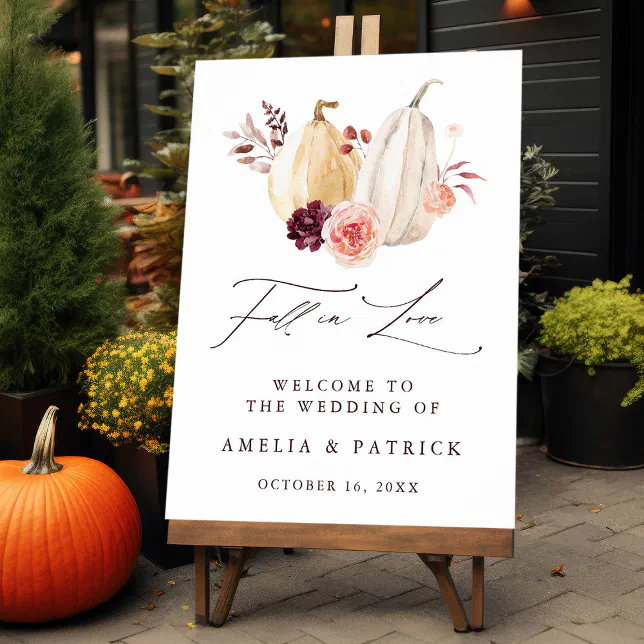 Fall in Love Pumpkin Autumn Wedding Welcome Sign | Zazzle