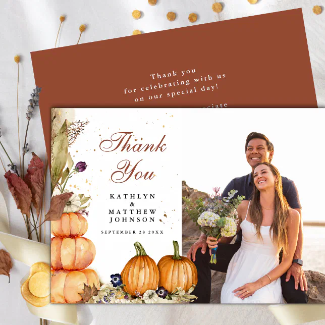 Fall In Love Pumpkin Botanical Autumn Photo Thank You Card | Zazzle