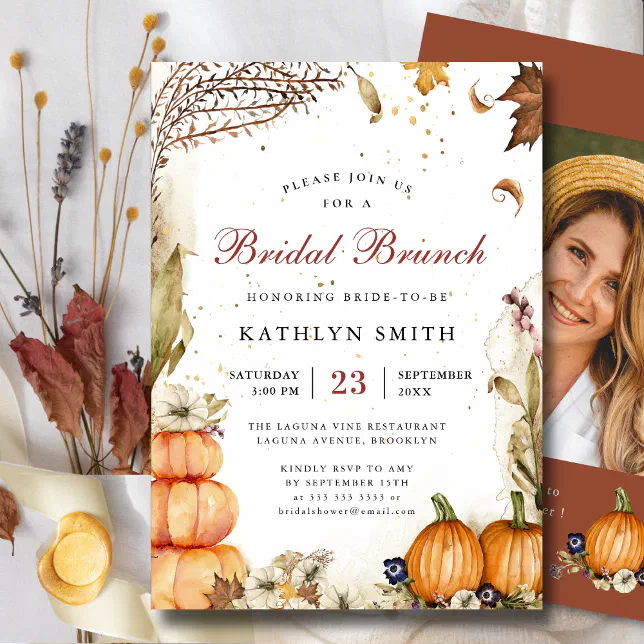 Fall In Love Pumpkin Botanical Bridal Brunch Invitation | Zazzle
