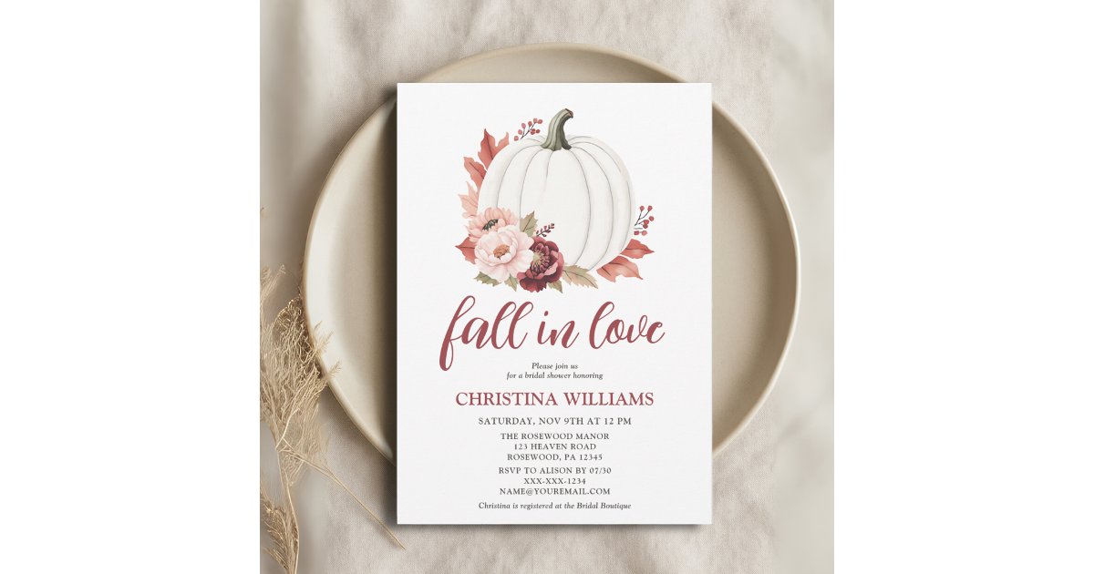 Fall in Love Pumpkin Floral Bridal Shower Invitation | Zazzle